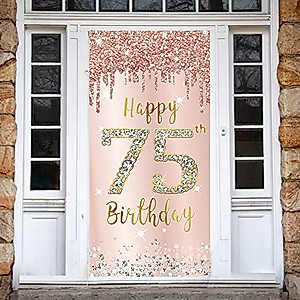 75th Birthday Decorations Door Banner for Women, Pink Rose Gold Happy 75 Birthday Backdrop Party Supplies, 75 Year Old Birthday Poster Door Cover Sign Decor