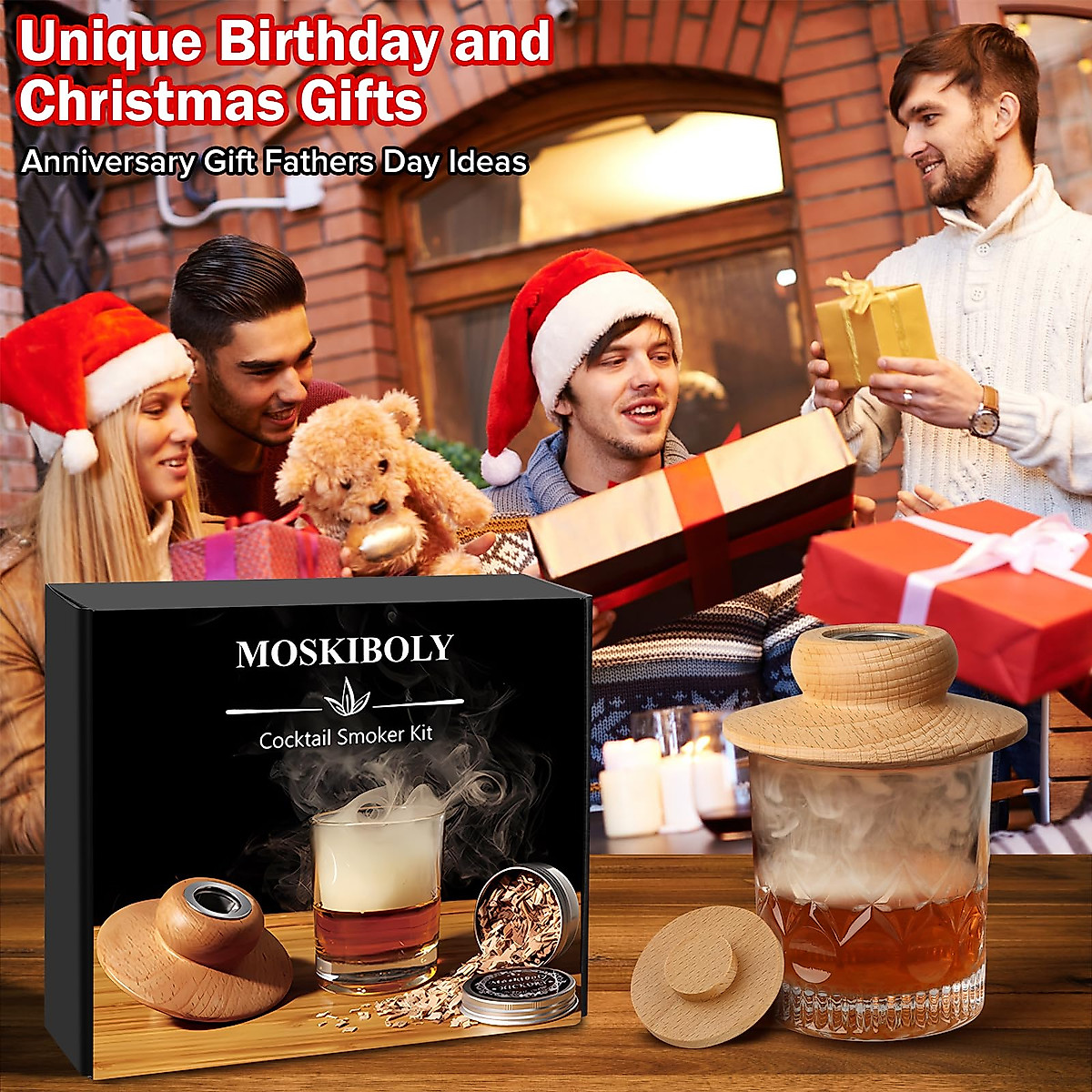 Moskiboly Cocktail Smoker Kit Old Fashioned, Whiskey Smoker Kit with Torch, Bourbon Smoker Infuser Kit with 6 Flavors of Wood Chips, Christmas Birthday for Men, Father(with lid)
