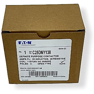 Eaton E1C25DNY138 Electrical Non-Reversing Definite Purpose Control Contactor, Coil Voltage 110/120V 50/60Hz, Dual QC Coil Term, 3-Pole, 30A Inductive, 40A Resistive