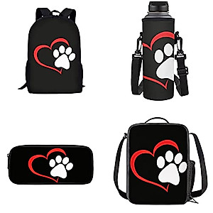 JEOCODY Love Paw Print Kids Backpack,School Bookbag Set with Lunch Box Pencil Case and Bottle Holder for Boy and Girls Set 4 In 1,Cartoon Dog Paw Print