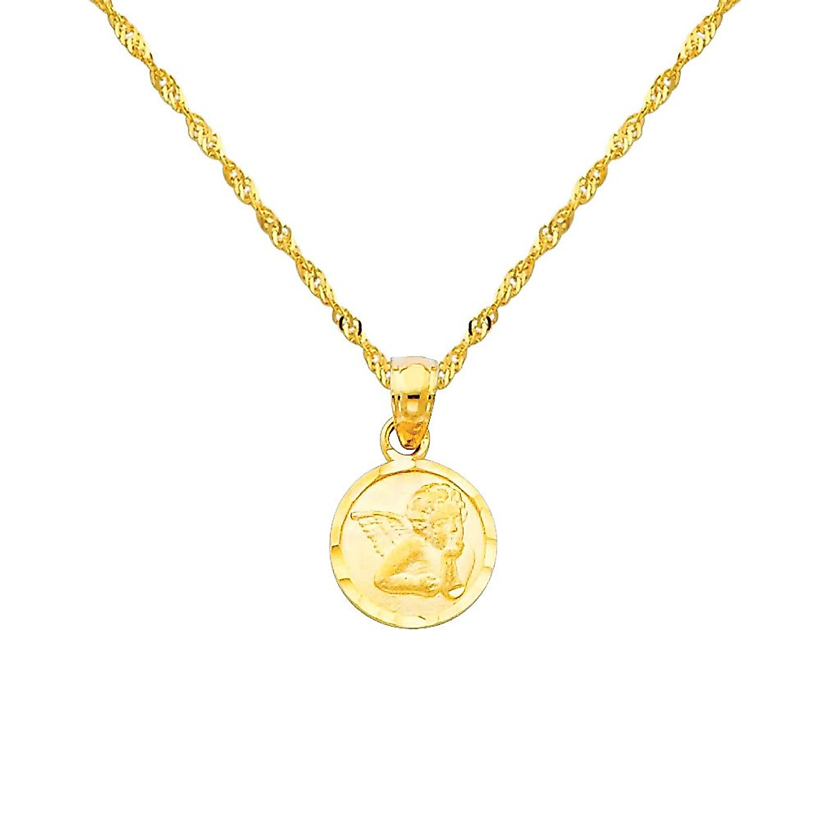The World Jewelry Center 14k REAL Yellow Gold Religious Angel Pendant with 1.2mm Singapore Chain Necklace - 18"
