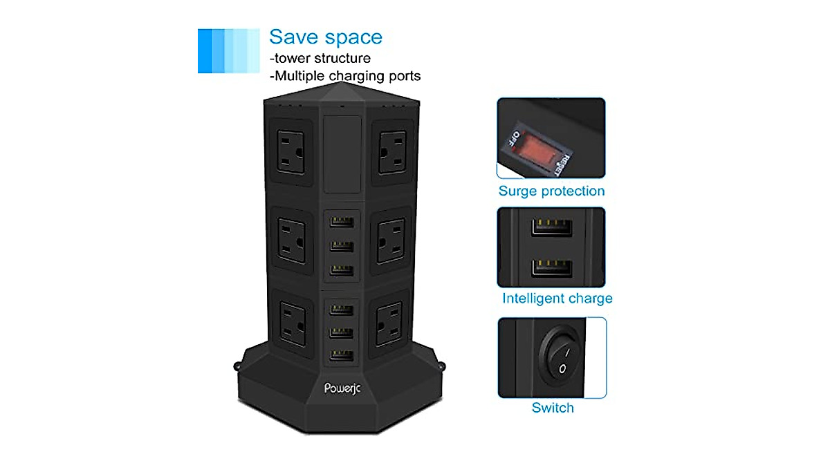 Tower Power Strip Surge Protector with 12 AC Outlets & USB Ports