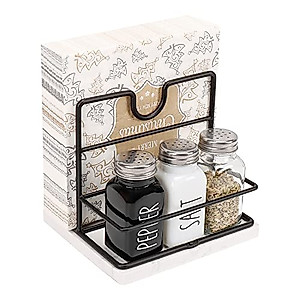 Livabber Napkin Holder with Marble Base, Metal Napkin Holder with Salt and Pepper Shakers Caddy Modern Napkin Dispenser with Spice Condiment Rack for Table Kitchen Countertop (Black)