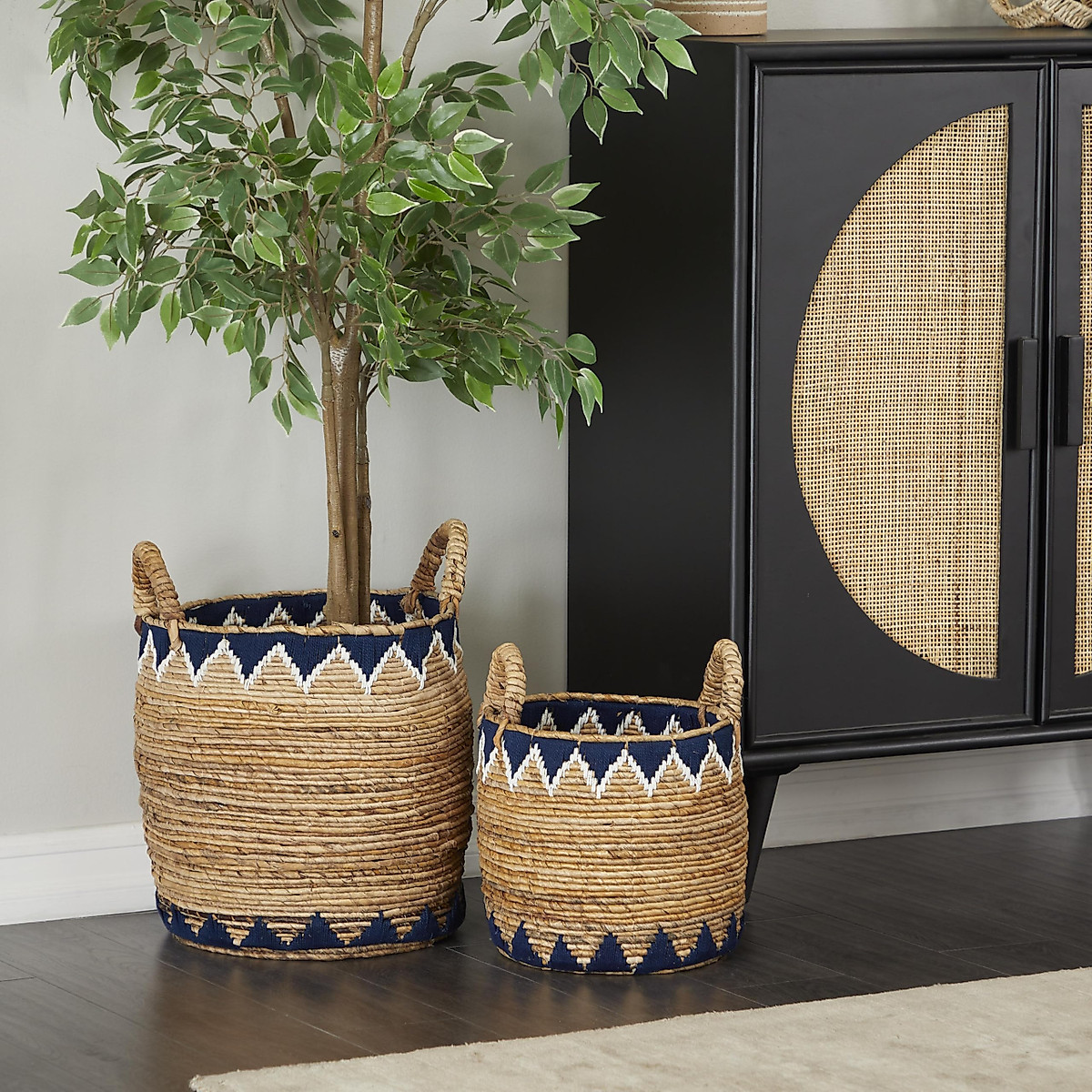 Deco 79 Banana Leaf Handmade Decorative and Functional Storage Basket Triangle Details Basket Organizer with Handles, Set of 2 Basket for Storage 19", 15"H, Brown