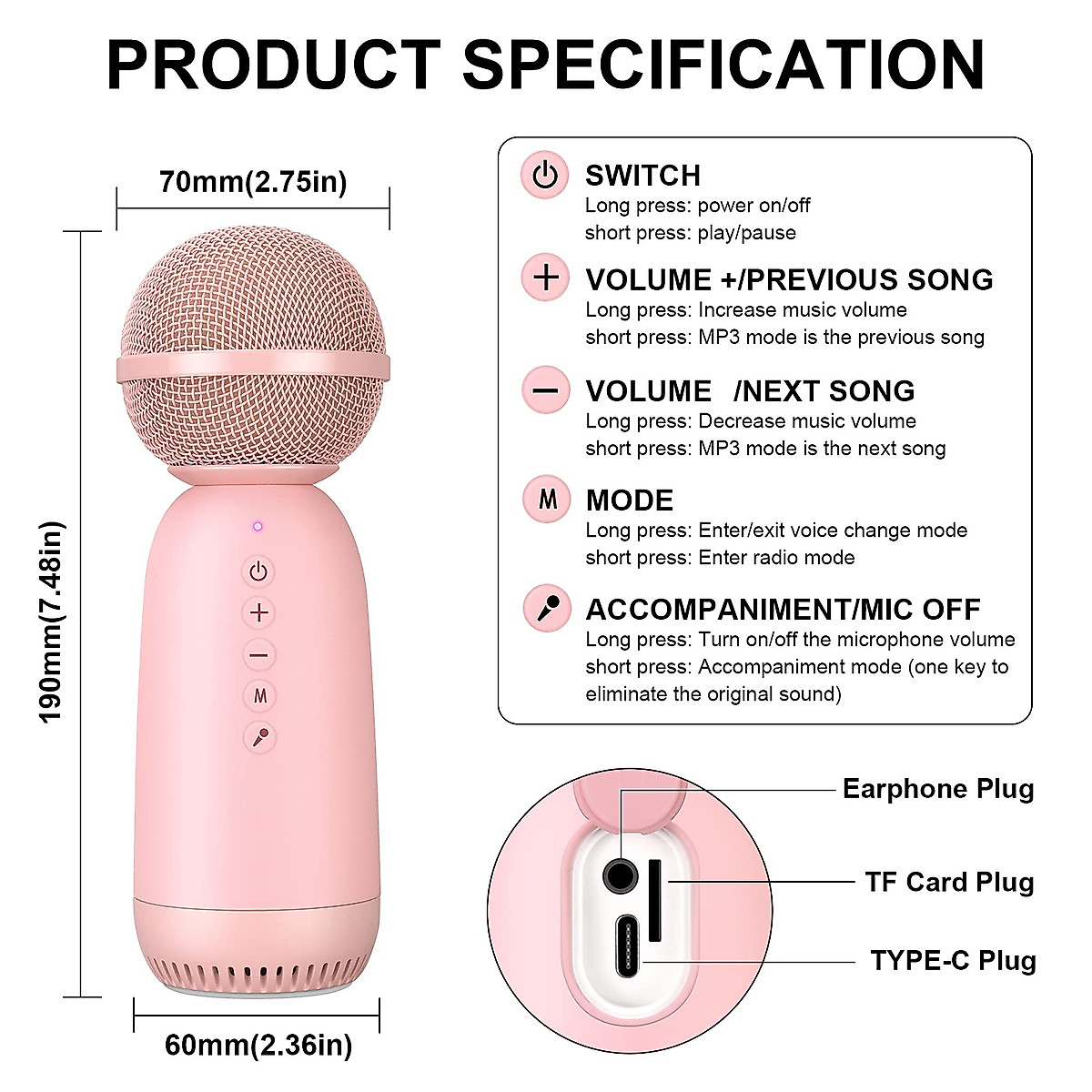 Aokeo Wireless Microphones Bluetooth Speaker, Wireless Karaoke Mic for Kids Children Mic for Singing Portable Karaoke Machine Mic,Home Birthday Party(Pink)