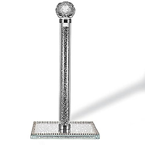Handmade Silver Paper Towel Roll Holder, Filled with Sparkly Crystal Crushed Diamonds for Kitchen / Bathroom Towel Tissue Roll Countertop, 13inch Height 6.3inch Square Base Freestanding Holder