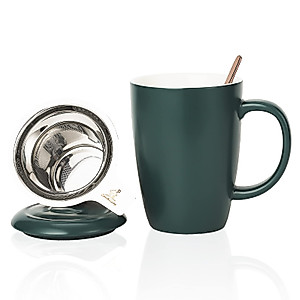 Candiicap Ceramics Tea Cup with Loose Leaf Infuser, Spoon and Lid, 13oz, Large Tea infuser Mug for Tea, Coffee, Milk-Microwave and Dishwasher Safe(13oz,Matte Green)