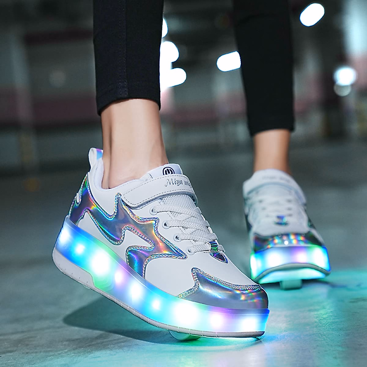 BFOEL Girls Roller Skates Light up Shoes Roller Shoes USB Charge Girls Boys Sneakers with Wheels LED Roller Skates Shoes(5.5 Big Kid White Silver 37)