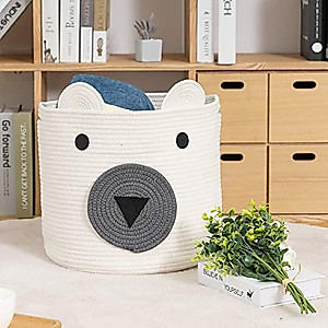 VK Living Cotton Rope Bear Animal Basket Foldable Large Woven Storage Basket Baby Nursery Cute Laundry Hamper for Toys,Blanket, Towels Clothes in Bedroom Living Room White