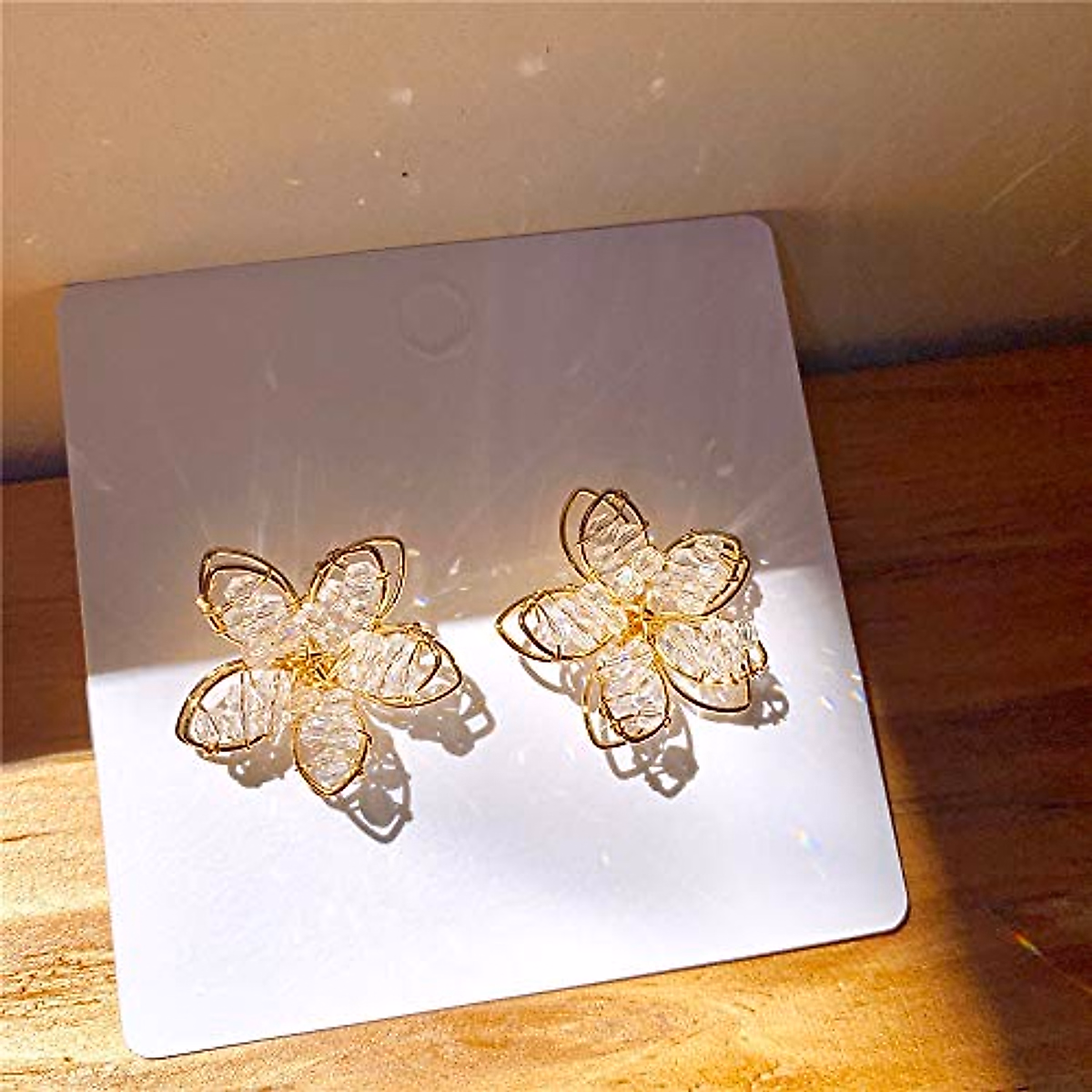 Unique Boho Handmade Chic White Hollow Crystal Double Layer Flower Stud Earrings Summer Beach Vacation Floral Earrings for Women (Gold)