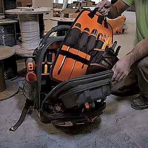 Klein Tools 55485 Tool Bag Backpack, Durable Electrician Backpack with 48 Pockets for Hand Tools, Waterproof Bottom, Removable Tool Carrier