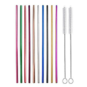 Hoshen 10Pcs Reusable Stainless Steel Color Straws, Color Metal Full Straight Straws (Including 2 Brushes), Suitable For 20/24/30 Ounce Tumblers, 8.5 Inches-Full Straight