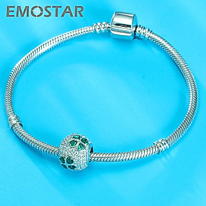 Sparkling Irish Four Leaf Clover Charms fits Pandora Ireland St Patricks Day Bracelet - Pave Green Hearts Shamrock CZ Ball Beads in 925 Sterling Silver, Gifts for Mother/Valentines Day