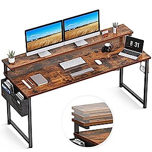 ODK Computer Desk with Adjustable Monitor Shelves, 63 inch Home Office Desk with Monitor Stand, Writing Desk, Study Workstation with 3 Heights (10cm, 13cm, 16cm), Rustic Brown