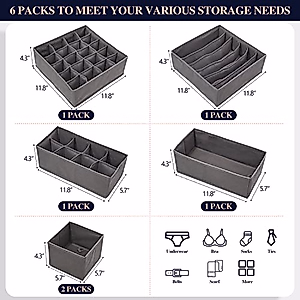 6 Pack Sock Underwear Drawer Organizer, Simple and Practical Foldable Non-Woven Drawer Organizers for Clothing, Suitable for Closet drawer Storage Bra Underwear, Socks, Ties, Belt（Grey）