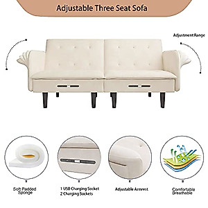 MIYZEAL Convertible Sleeper Sofa with Charging Ports, Velvet Tufted Upholstered Futon Sofa Bed with Adjustable Backrest & Armrest, Modern Loveseat Couch for Living Room Apartment Office (Beige)