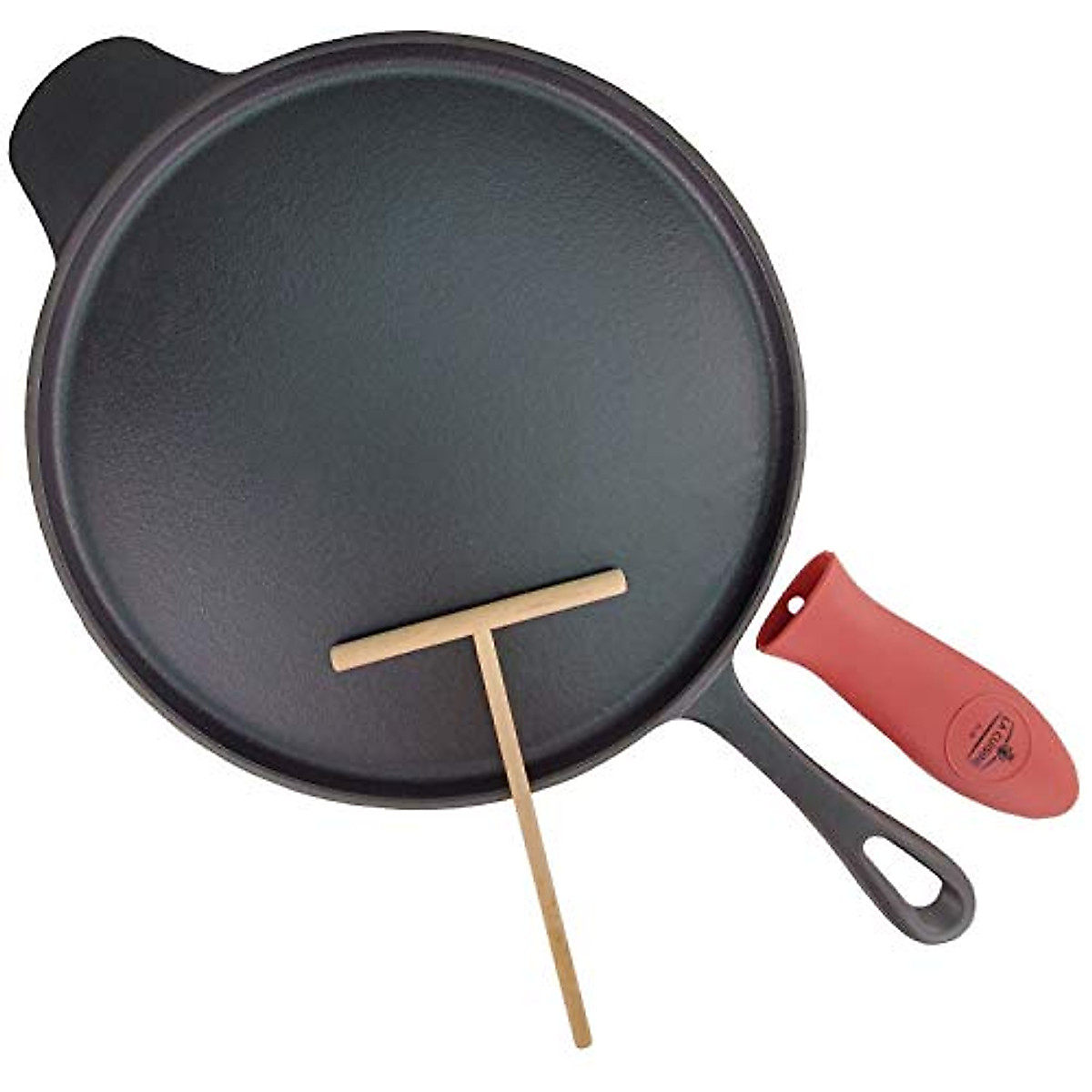 La Cuisine Cast Iron Crepe Pan with Wood Spreader Heat Resistant Handle Sleeve Tawa Dosa Tortilla Pan 11.8" Dia Matte Black Enamel Coating PFOA Free