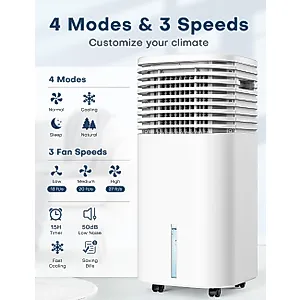 CENSTECH 4-IN-1 Portable Air Conditioners, Evaporative Air Cooler w/4 Modes & 3 Speeds, 15H Timer for Smart Auto-off, 2-Gal Tank for 20H Cooling,17FT Remote,No Hose Needed,120°Oscillating Swamp Cooler