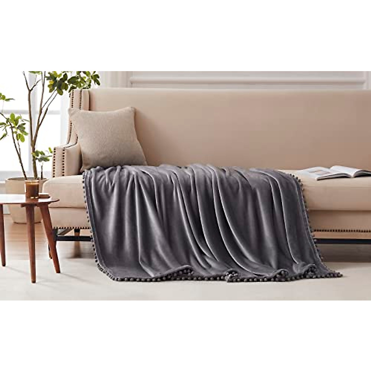 HARBOREST Fleece Bed Blanket with Pompom Fringe Queen Size Dark Grey Blanket,Lightweight Breathable All Season Blanket for Bed, Couch, Travel,90"x90"