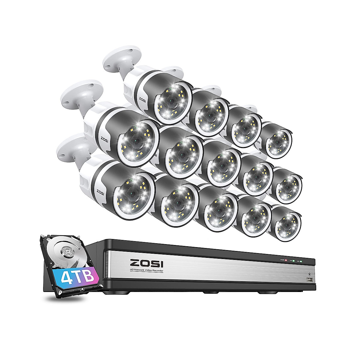 ZOSI 4K 16CH PoE Security Camera System, 16CH 4K NVR with 4TB HDD for 24/7 Recording, 14 X Wired 5MP (3K) PoE IP Cameras Outdoor Indoor, Spotlights, 2-Way Talk, Human Detection, Sound & Light Alarm