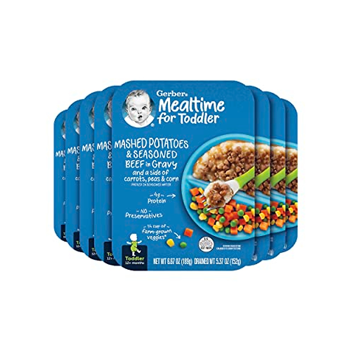 Gerber Baby Food, Mashed Potatoes & Seasoned Beef in Gravy and a side of Carrots, Peas and Corn, Toddler Food with Farm Grown Veggies, Toddler Meal, No Preservatives, 6.67 oz Ounce (Pack of 8)