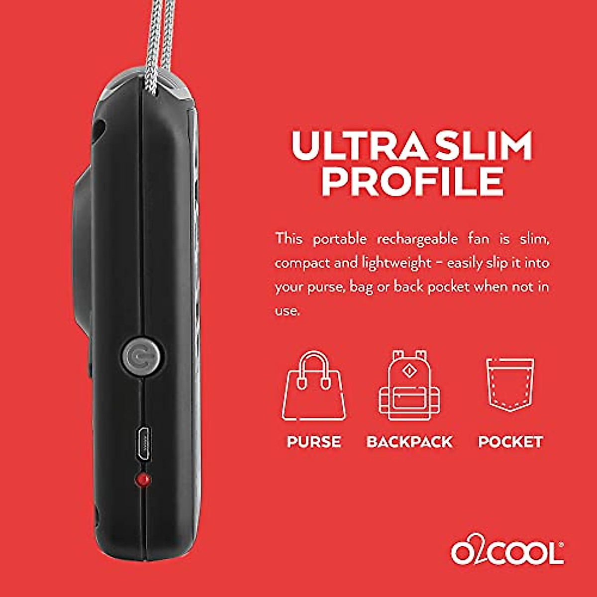 O2COOL Rechargeable Necklace Fan - Portable Hanging Neck Fan with Adjustable Lanyard - 3 Speed Vertical Air Flow – Micro USB Charging Cable Included (Black)