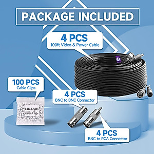 Anlink 4 Pack 100Ft/30M 4K 8MP 5MP All-in-One BNC Video Power Cable, BNC Extension Surveillance Camera Wires for CCTV Camera DVR Systems (8pcs BNC Connectors, 100pcs Cable Clips Included)