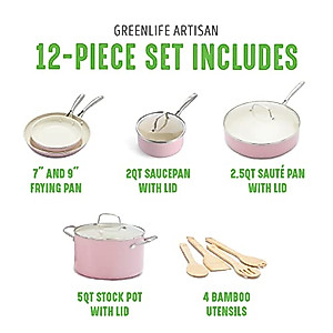 GreenLife Artisan Healthy Ceramic Nonstick, 12 Piece Cookware Pots and Pans Set, Stainless Steel Handle, PFAS-Free, Dishwasher Safe, Oven Safe, Soft Pink