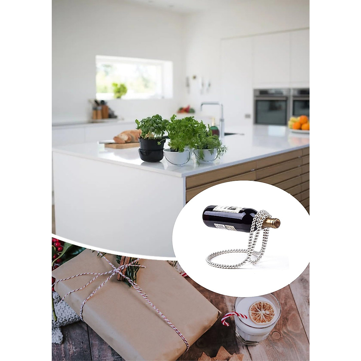 ANDGROPAND (White) Creative Artificial Pearl Necklace Floating Wine Rack Metal Wine Bottle Holder Wine Display Stand for Bars and Home Decoration