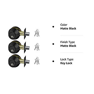 [3 Pack] BESTTEN Keyed Alike Deadbolt, Single Cylinder Door Lock with Same Key, 9 Keys Included, Matte Black Finish