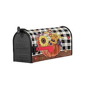Pumpkin Buffalo Plaid Mailbox Cover Magnetic Thanksgiving Pumpkin with Sunflowers Black Plaid Post Box Cover Waterproof Mailbox Wraps for Farmhouse Outdoor Garden Home Decor Standard Size 21 X 18in