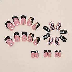 24 Pcs Press on Nails Medium Square Black French Fake Nails Press ons Gold Foil Sequin Fashion Nail Tips Full Cover False Nails with Designs Stick on Nails Glue Acrylic Nail Kit Art for Women Manicure