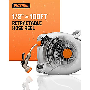 FIILPOW 100 FT 1/2" Retractable Garden Hose Reel, Any Length Lock, Heavy-Duty Wall Mounted Hose Reel with Automatic Rewind, Brass Connector, Adjustable Patterns, 180° Garden Watering & Car Washing