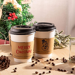 Whaline 60 Pack Christmas Coffee Cup Tea Cup Sleeves 6 Designs Kraft Paper Sleeves for 12 and 16oz Paper Cup Disposable Corrugated Cup Paper Jacket for Hot Chocolate Cocoa or Cold Beverage