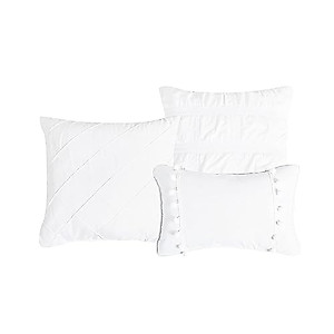JML California King Comforter Set, 7 Piece Pinch Pleat Bed in a Bag Set with Shams and Decorative Pillows - Luxury Pintuck Microfiber Down Alternative Bedding Comforter Sets,White