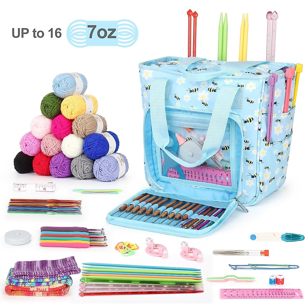 GDJZXD Crochet Bag, Crochet Storage, Knitting Organiser, Crochet Organiser, Craft Bag fit Carrying Projects, Knitting Needles, Crochet Hooks, Yarn, Blue Floral and Bees