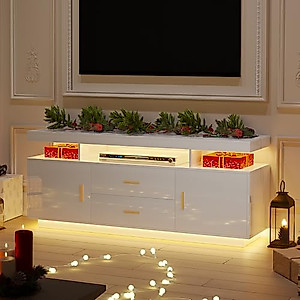 LVSOMT High Gloss Entertainment Center White with 3-Colors Lighting, LED Modern TV Stand for 65+ inch TV, Home Storage Cabinet, Console Media Cabinet for Living Room (Pearl White)