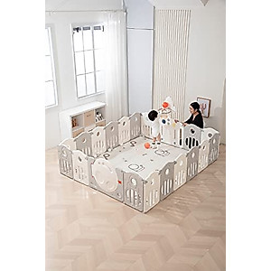 Space playpen:18 Panel Infants Toddler Safety Kids Playpen Activity Center Play Yard W/Lock Door and Basketball Hoop and Large Mat (Gray +White)
