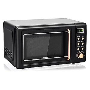 COSTWAY Retro Countertop Microwave Oven, 0.7Cu.ft, 700-Watt, High Energy Efficiency, 5 Micro Power, Delayed Start Function, with Glass Turntable & Viewing Window, LED Display, Child Lock (Gold)