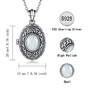 MANBU Sterling Silver Locket Necklace for Women Oval-Shaped Locket Pendant Holds Pictures Always with You Vintage Style Photos Locket Jewelry Gifts for Loved One (opal locket necklace)