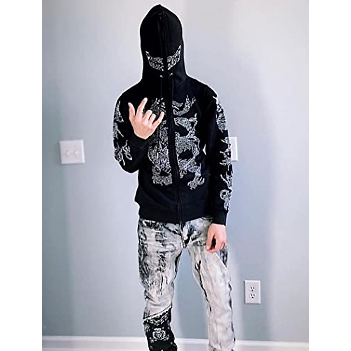 NJNJGO Womens Zip Up Skeleton Glitter Gothic Y2K Jacket, Rhinestone Punk Dark E-Girl Hooded Sweatshirt