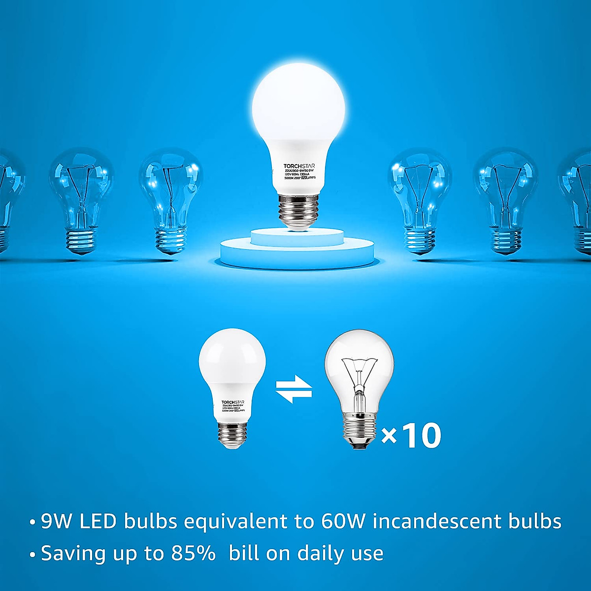 TORCHSTAR A19 LED Light Bulbs 60W Equivalent, UL Listed, 5000K Daylight, Dimmable, 9W, 800lm, Flicker Free, E26 Standard Base LED Bulb for Ceiling Fan, Lamp, 15,000hrs, Pack of 6