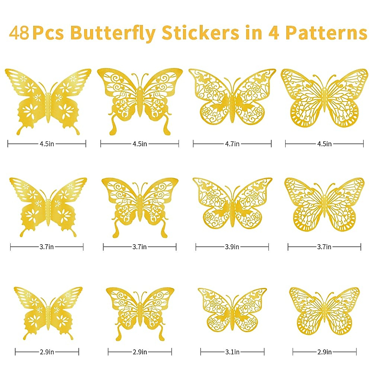 3D Butterfly Wall Decor, 48 Pcs 4 Styles 3 Sizes, Removable Butterfly Wall Stickers Gold Butterflies for Party Cake Decorations Kids Bedroom Nursery Classroom Wedding Decor DIY Gift (Gold)
