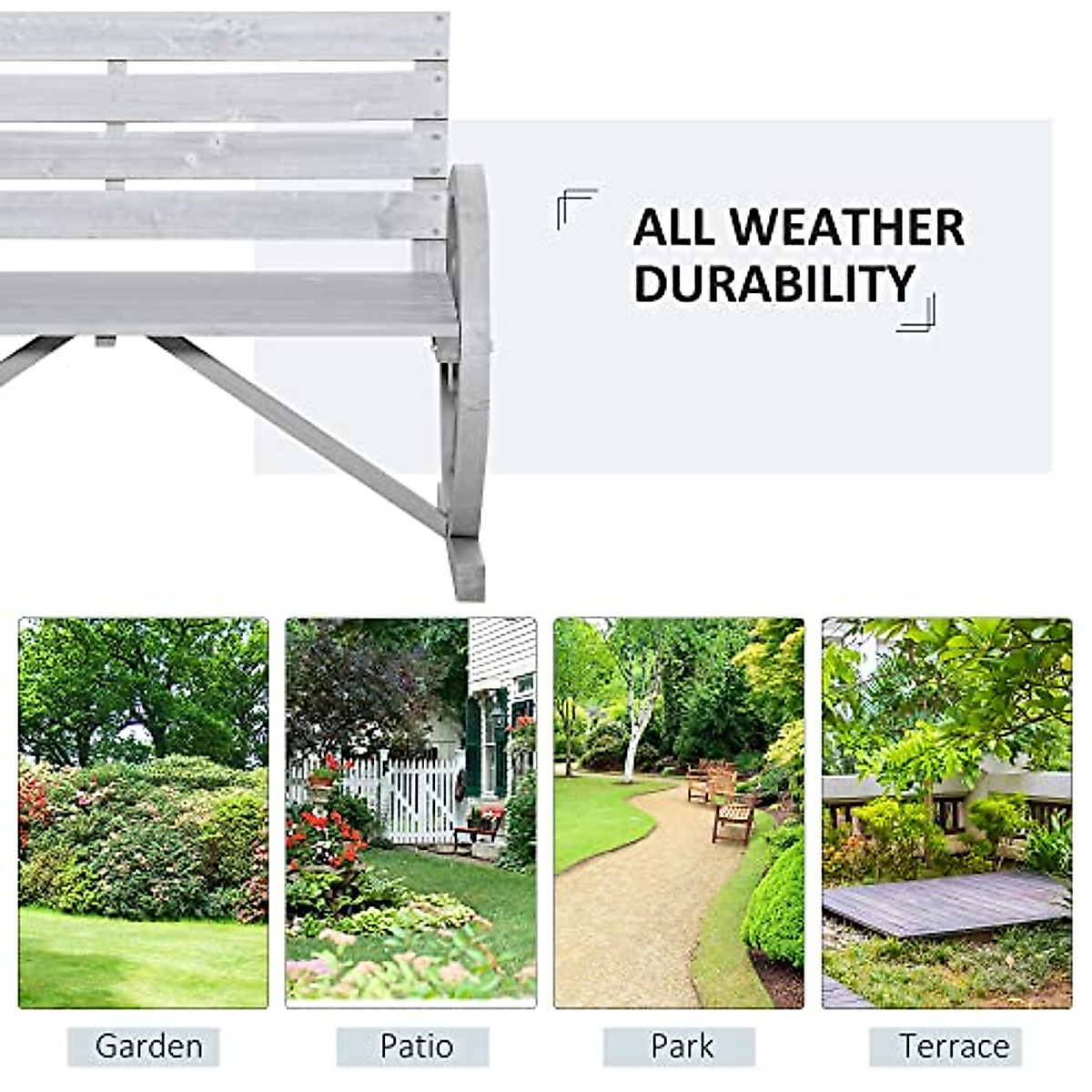 Outsunny Wooden Wagon Wheel Bench, Rustic Outdoor Patio Furniture, 2-Person Seat Bench with Backrest, Light Grey