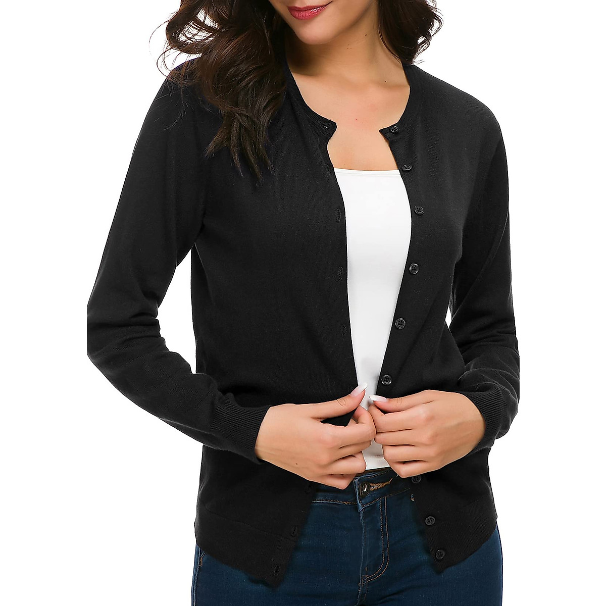Urban CoCo Women's Long Sleeve Crew Neck Button Down Knit Cardigan Sweater (S, Black)
