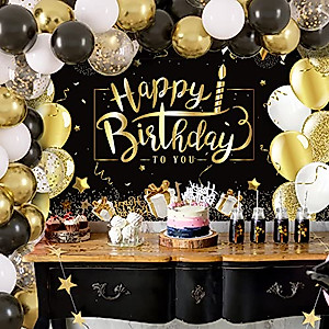 Rubfac Black and Gold Birthday Decorations Happy Birthday Backdrop with 70pcs Black and Gold Balloon Garland Kit Photo Backdrop Background for Birthday Party Decoration Supplies