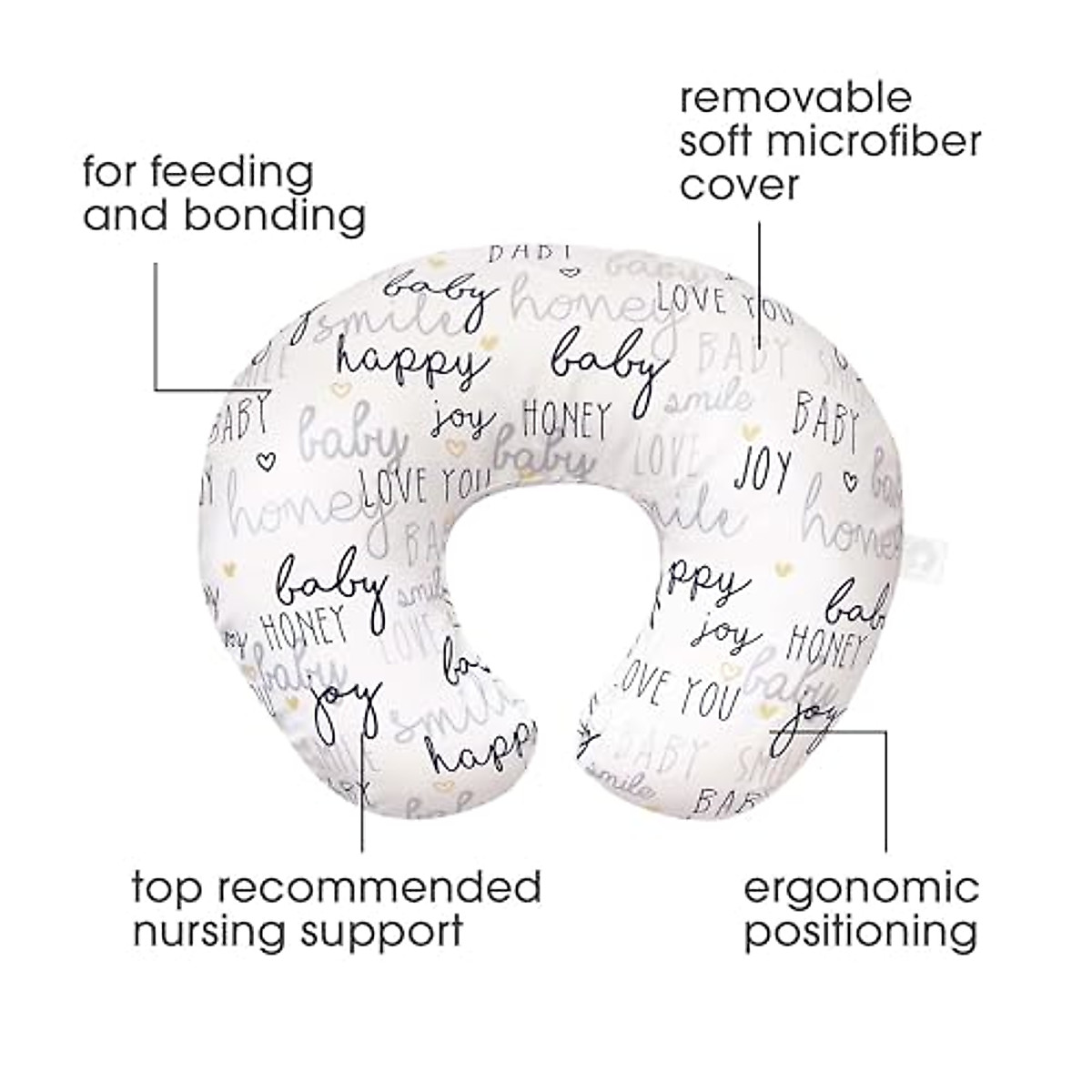Boppy Nursing Pillow Original Support, Baby Love Black White Gold, Ergonomic Nursing Essentials for Bottle and Breastfeeding, Firm Fiber Fill, with Removable Nursing Pillow Cover, Machine Washable