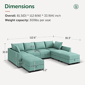 HONBAY Modular Sectional Couch with Storage Modern Modular Couch U Shaped Sectional Sofa for Living Room, Aqua Blue