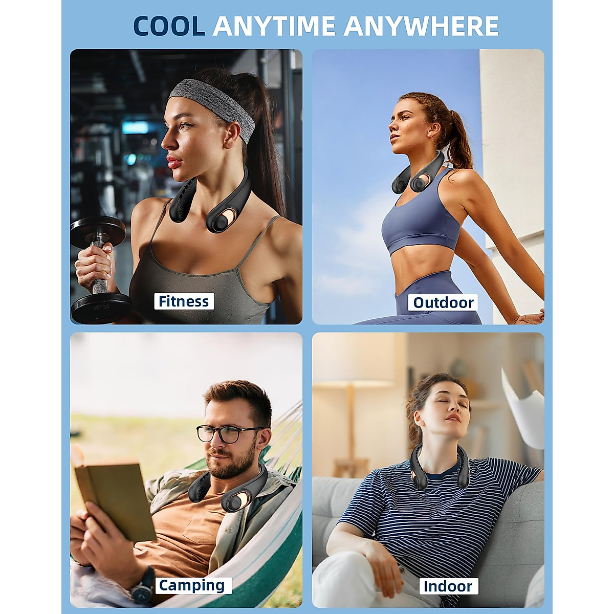 JIAGE Neck Fan, Portable Neck Fan Rechargeable, 5200mAh Battery Operated, LED Display, 360-Degree Cooling, 3 Speeds, Quite, Bladeless Design Neck Fans, Personal Neck Cooler, Black