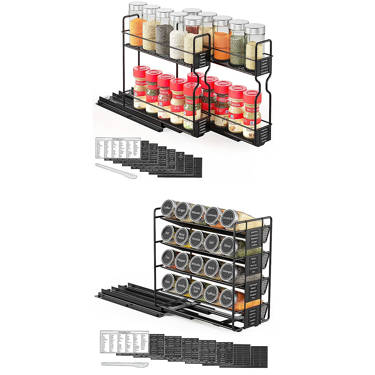 SpaceAid Pull Out Spice Rack Organizer for Cabinet, 2 Drawers 2-Tier, Pull Out Spice Rack Organizer with 20 Jars